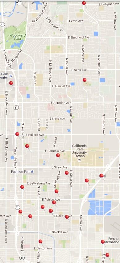 Northeast Fresno weekly auto theft map. (Fresno Police Department ...