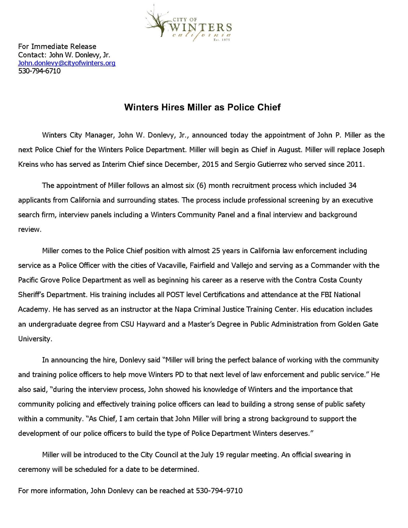 New Police Chief Announcement (Winters Police Department) — Nextdoor ...