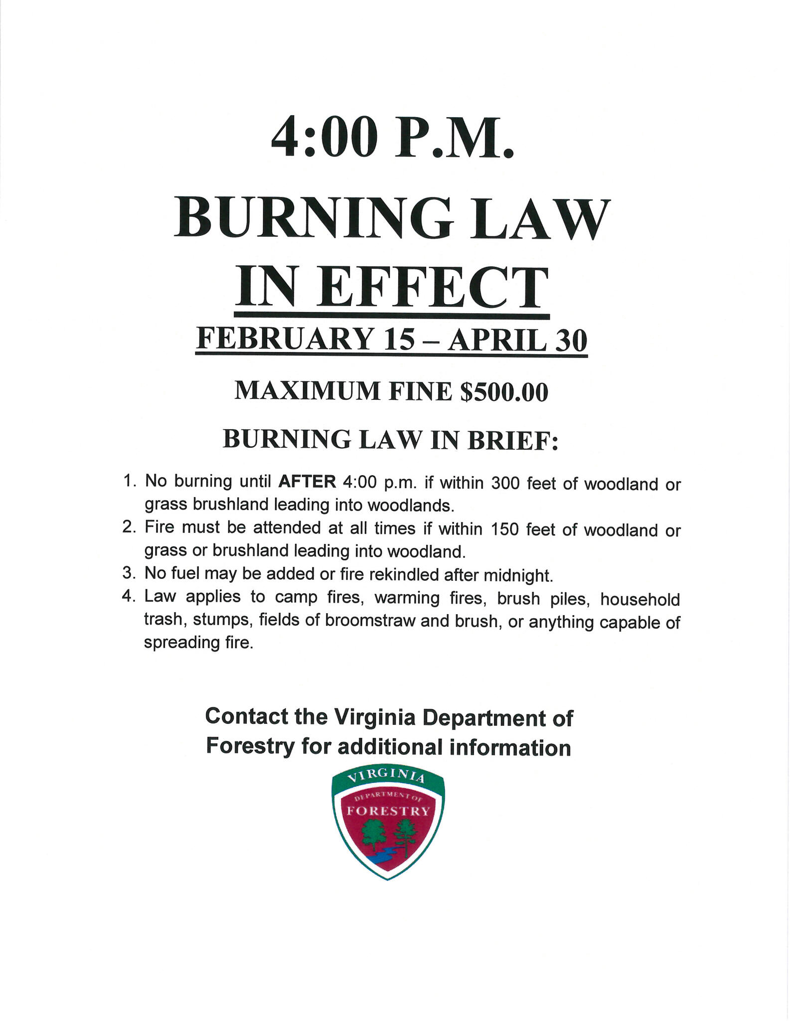 VIRGINIA'S 4 P.M. BURN LAW GOES IN EFFECT TOMORROW, FEBRUARY 15 ...
