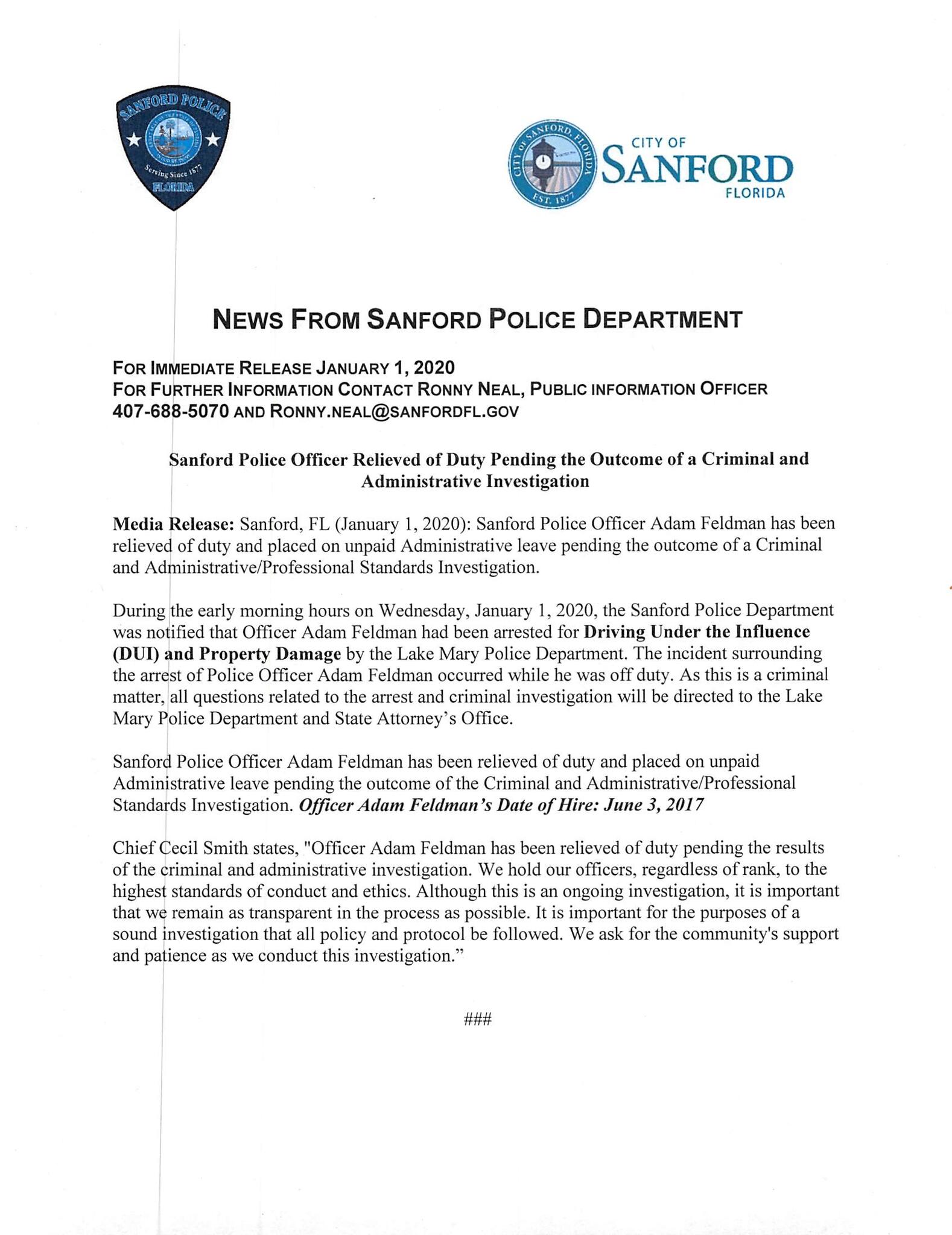 Sanford Police Officer Relieved Of Duty Pending The Outcome Of A
