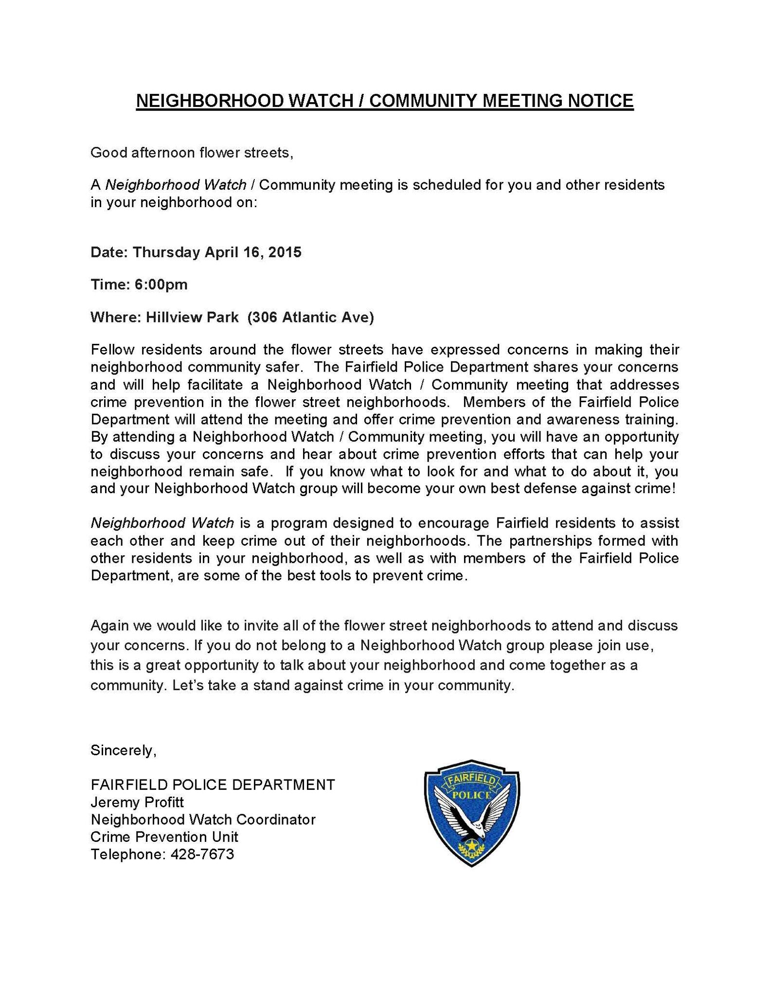 NEIGHBORHOOD WATCH / COMMUNITY MEETING NOTICE (Fairfield Police ...