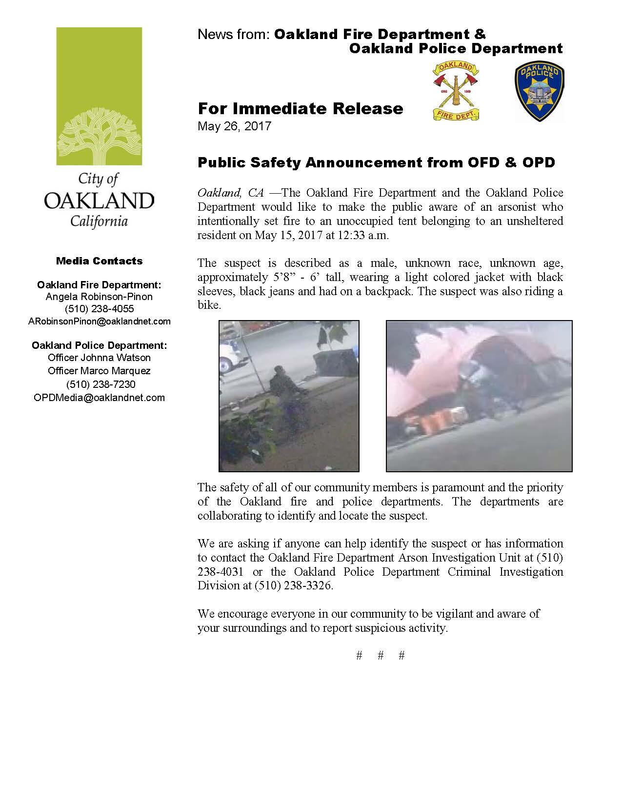 Public Safety Announcement from OFD & OPD (Oakland Police Department ...