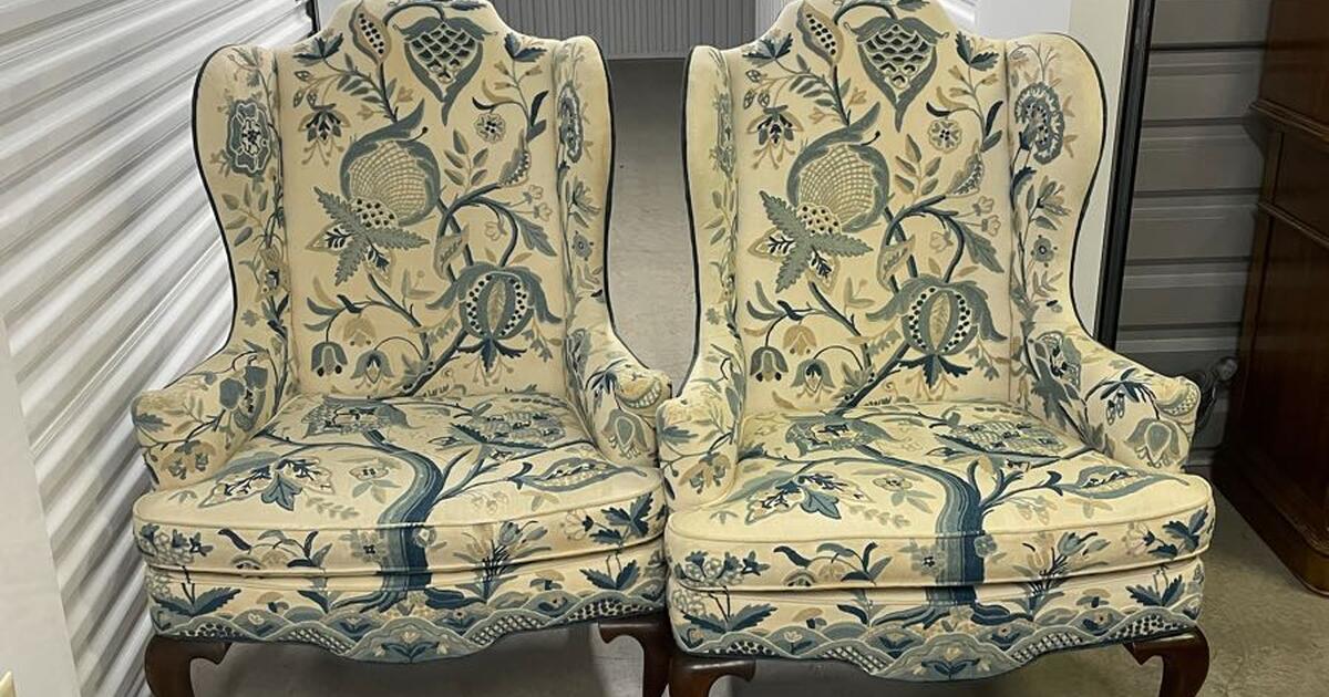 $590 · Vintage Woodmark Originals Embroidered Wingback Chairs (Pair ...