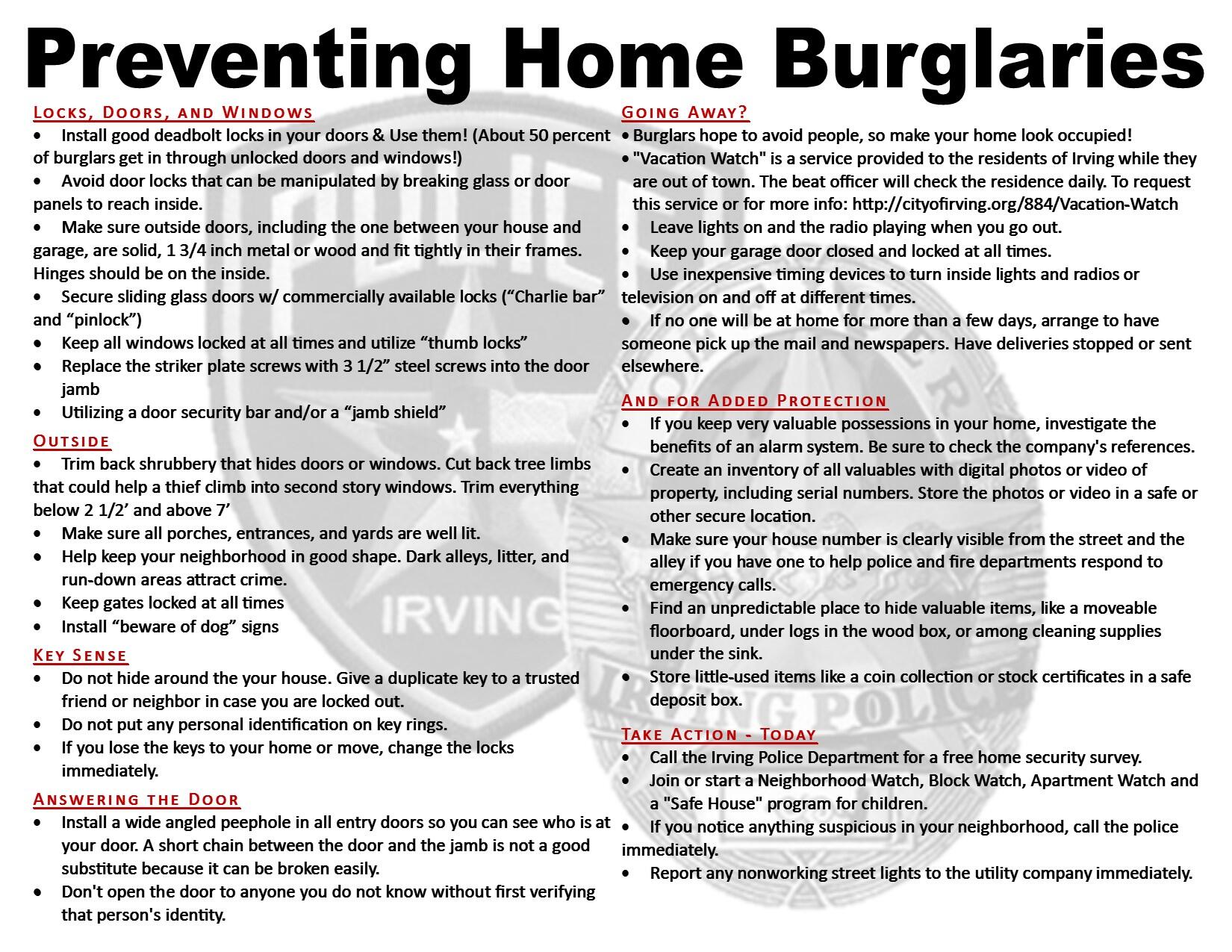 Burglary Prevention Flyers (Irving Police Department) — Nextdoor — Nextdoor